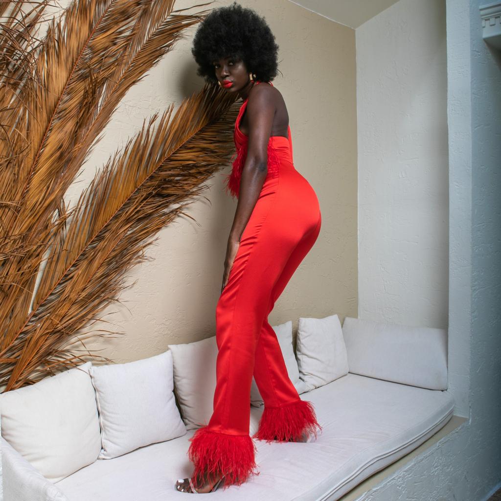 Shuri Red Feather Jumpsuit – Mahdera